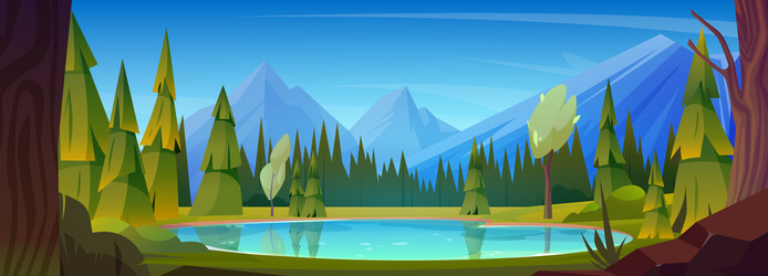Cartoon rainy landscape with lake in forest Vector Image