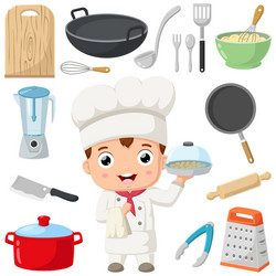 Cute chef kids with equipment elements Royalty Free Vector