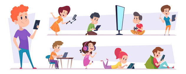 Kids with gadgets future technology children Vector Image