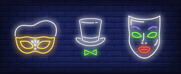 Wizard hat moustache and masks neon signs set Vector Image