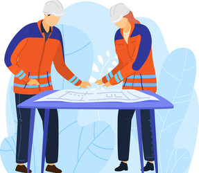 Engineers male character examine drawing project Vector Image