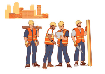 Construction workers set and city buildings Vector Image