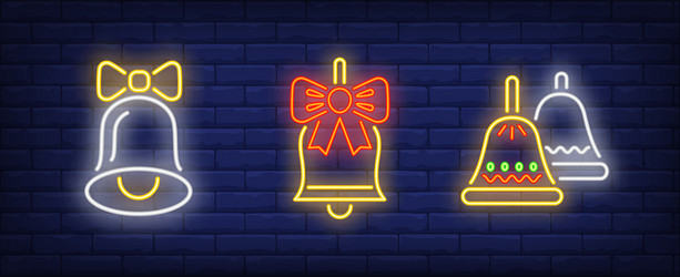 Bells with bows and mistletoe neon signs set Vector Image