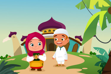 Cartoon two muslim peoples in front a mosque Vector Image