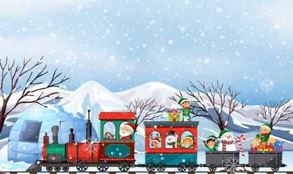 Santa and christmas elves on the train Royalty Free Vector