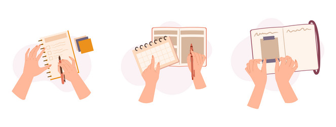 Top view of hands making notes with a pen Vector Image