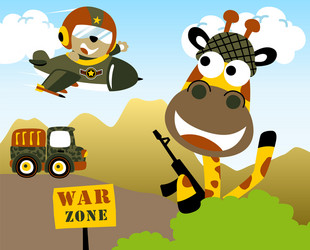 Playing war with funny bear on military truck Vector Image