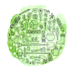 Spring garden doodlesflowersbulbsplantstools Vector Image