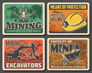 Coal mining retro posters miners equipment Vector Image