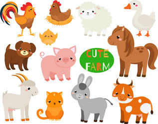 Cute kawaii farm animals stickers set Royalty Free Vector