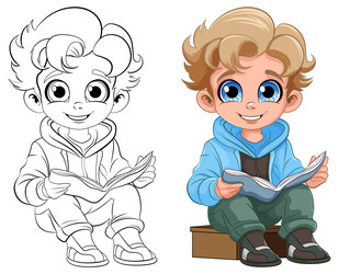 Boy sitting and reading the book its outline Vector Image