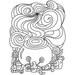 Coloring page cauldron with a potion and a stack Vector Image