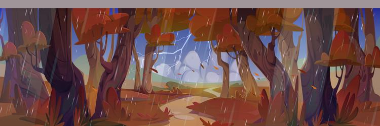 Autumn forest landscape with rain and lightning Vector Image