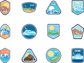 Expedition and mountains insignia badges icon set Vector Image