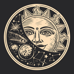 Witchcraft card with astrology sun and moon sign Vector Image