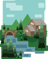 Abstract landscape design with green trees and clo