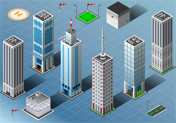 Set of isometric building in spring Royalty Free Vector