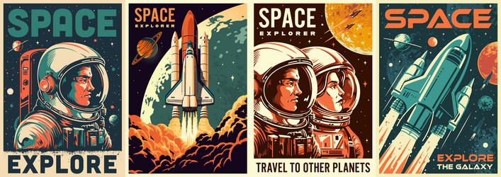 Galaxy adventure colorful set posters Royalty Free Vector