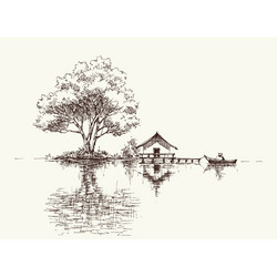 Trees on lake shore or river bank drawing Vector Image