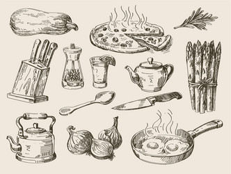 Kitchen utensils sketch cooking equipment frying Vector Image