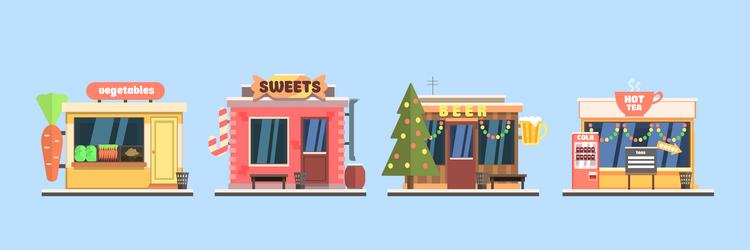Shop building and market front view set Royalty Free Vector