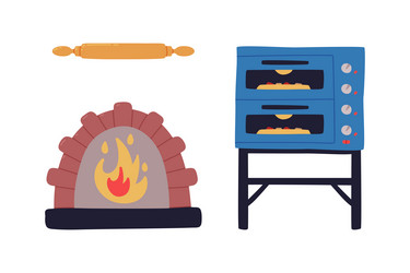 Wood-fired bricked oven with burning fire flame Vector Image