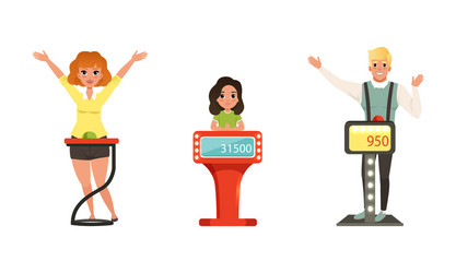 People characters participating in panel game Vector Image