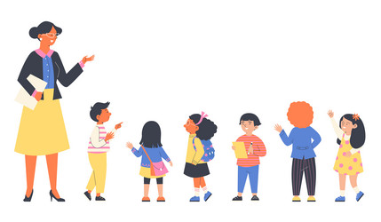 Kids following teacher kindergarten takes Vector Image