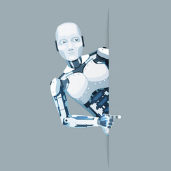 Humanoid robot look out corner with poster in hand