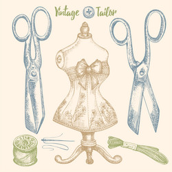 Set of hand-drawn vintage sewing tools sew Vector Image