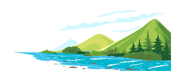 Meadows and mountains with flowing stream Vector Image