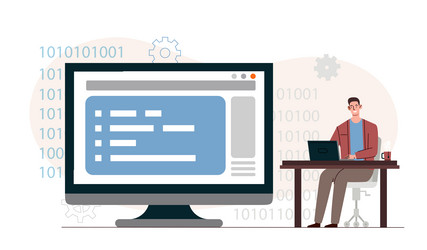 Cartoon programmer writes code workspace concept Vector Image