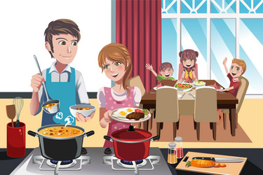 Family dinner at kitchen table eat food together Vector Image