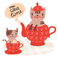 Cute cat in teapot funny tea ti Royalty Free Vector Image