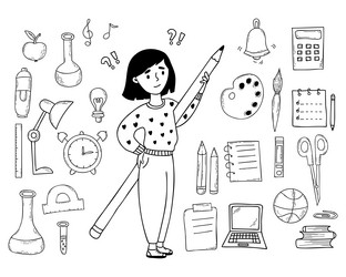 Collection educational doodles cute girl Vector Image