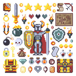 8bit pixel art game icons medieval knight dragon Vector Image