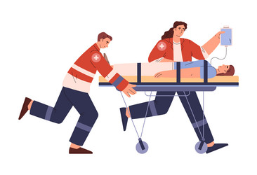 Medic character push stretchers for patient Vector Image