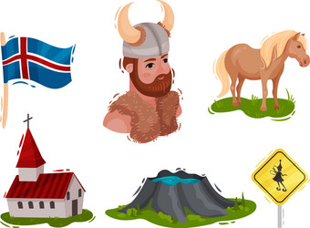 Iceland symbols with horse grazing and unicorn Vector Image