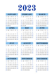 Calendar design 2023 year english blue Royalty Free Vector