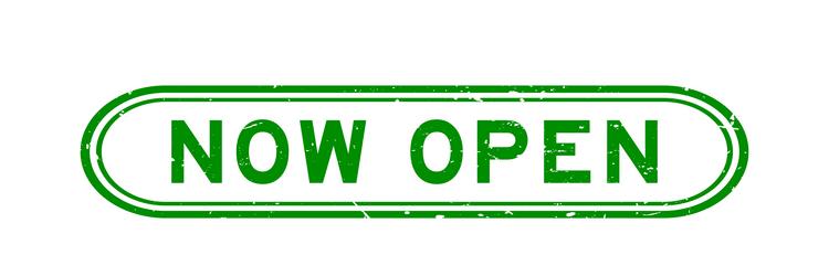 Grunge green now open word rubber seal stamp Vector Image