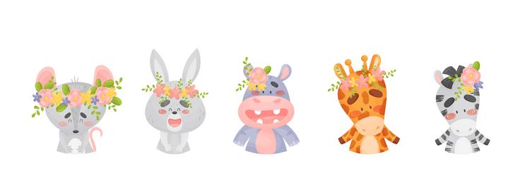 Cartoon animals with floral wreath on head Vector Image