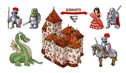 Medieval characters historical buildings cartoon Vector Image