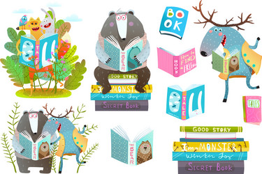 Cute wild animals reading books icon set Vector Image