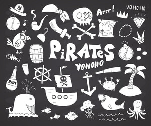 Pirate doodles set cute items sketch Royalty Free Vector