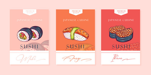 Sushi abstract packaging labels design set Vector Image