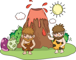 Cavemen comic in the landscape Royalty Free Vector Image