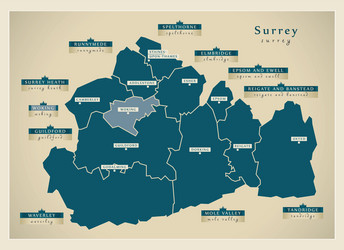 Modern map - surrey county with district captions Vector Image