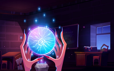 Witch hands with energy crystal in magic lab Vector Image