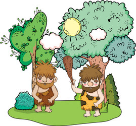 Cavemen comic in the landscape Royalty Free Vector Image