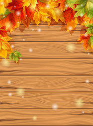 Autumn leaves on background wooden boards Vector Image